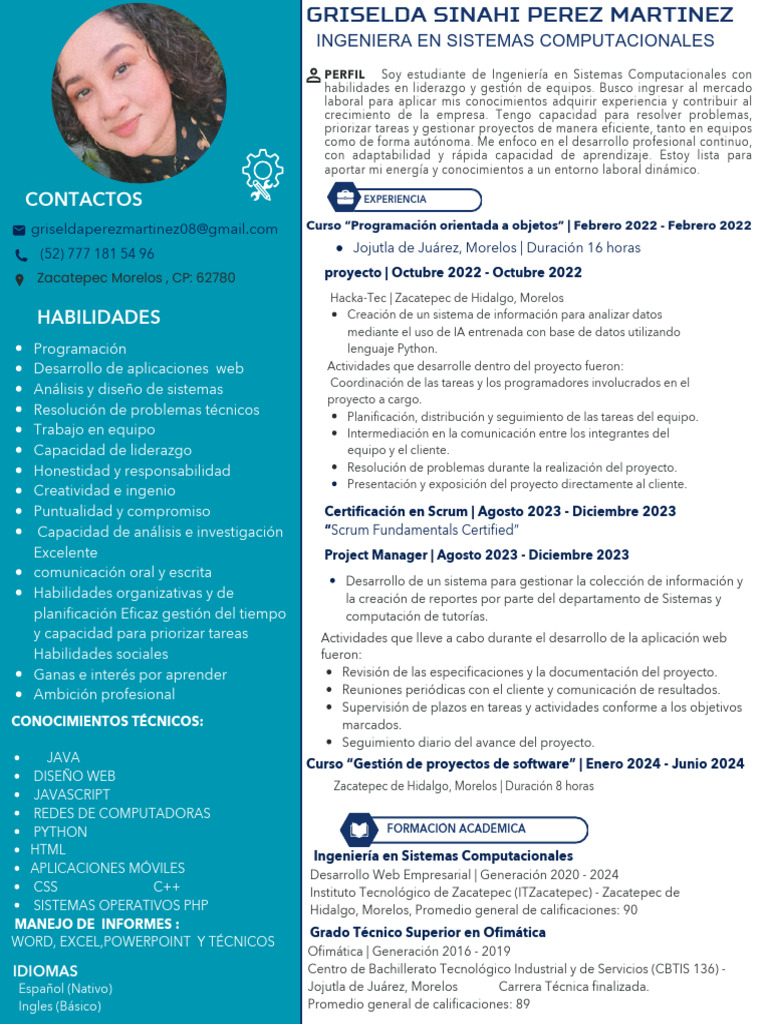 CV - Perez Martinez Griselda Sinahi | PDF | Software de la aplicacion | Ingeniería de Sistemas