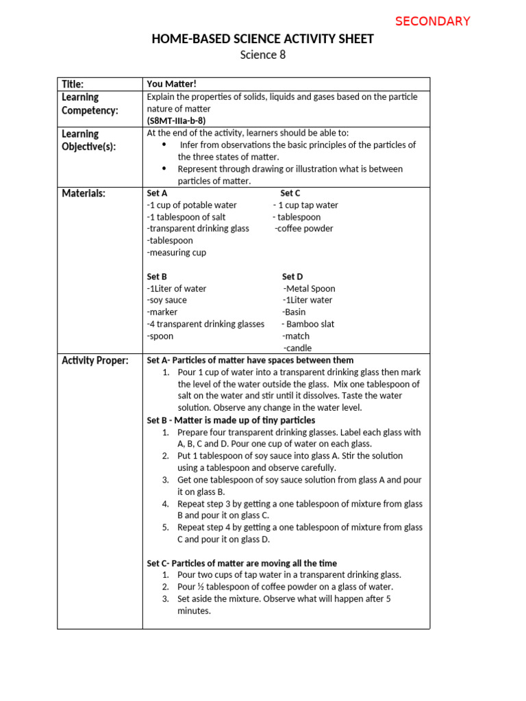 Team-D-Grade-8-Home-Based-Science-Activity-sheet-1 | PDF | Water | Glasses