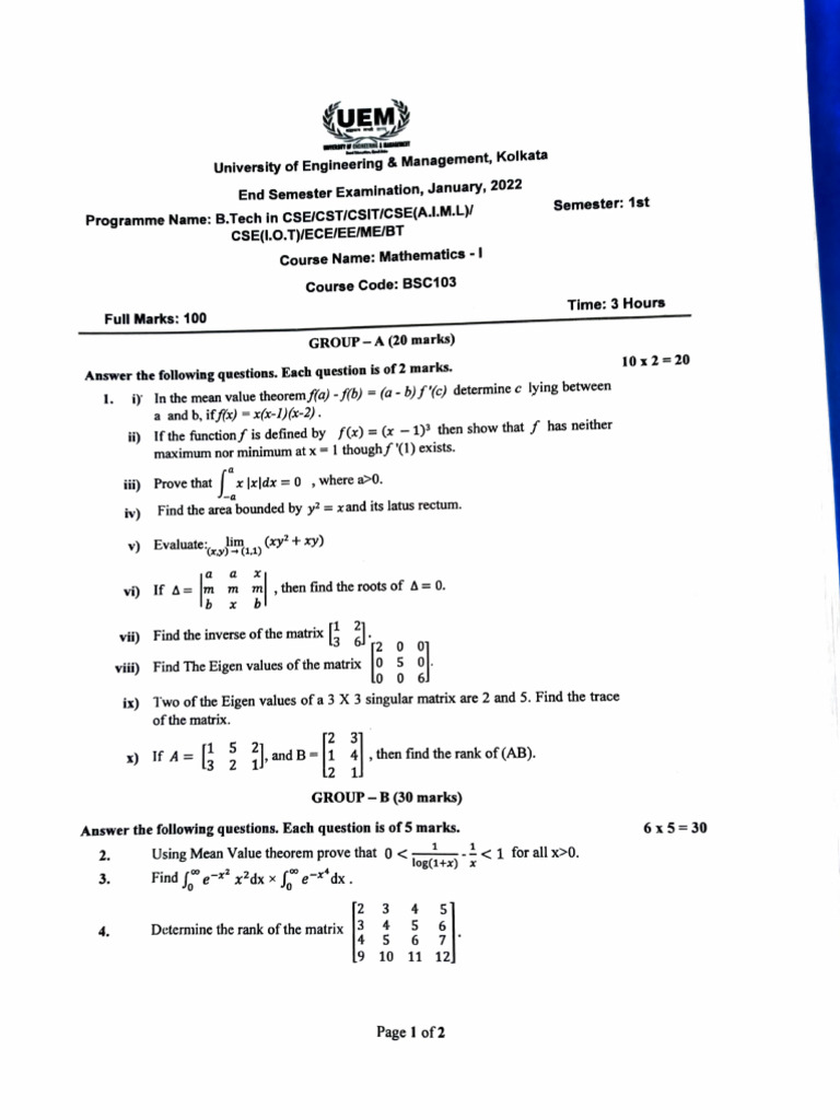 Mathematics Sem Q.P | PDF | Matrix (Mathematics) | Applied Mathematics