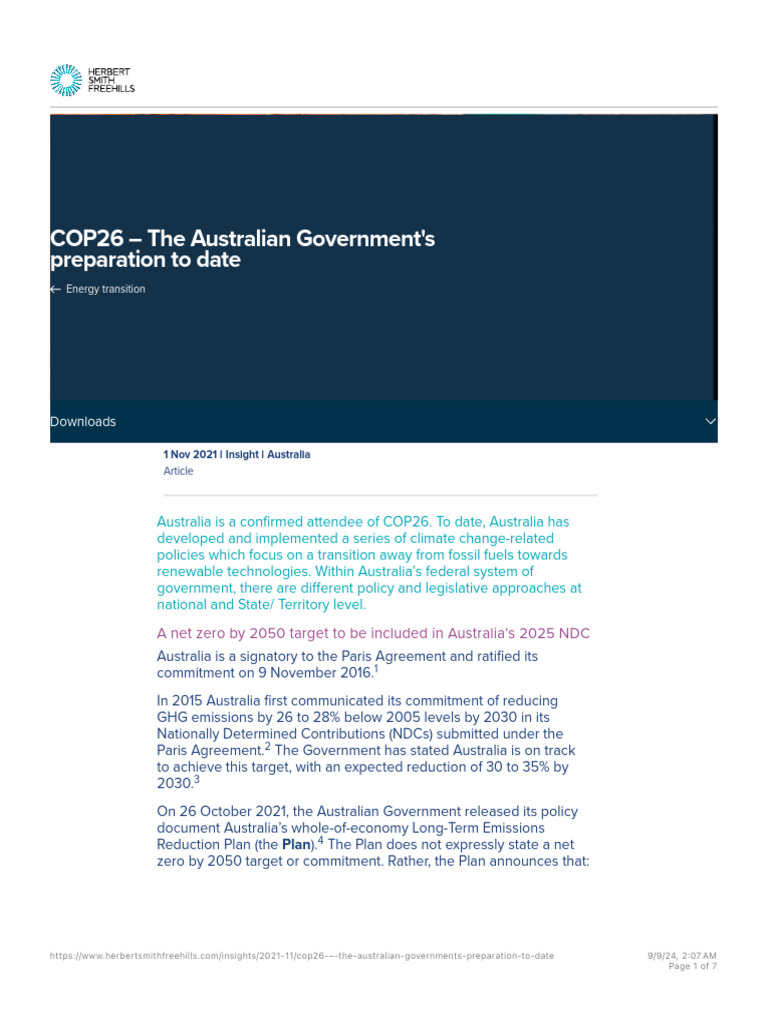 COP26 - The Australian Government's Preparation To Date - Herbert Smith Freehill | PDF | Climate ...
