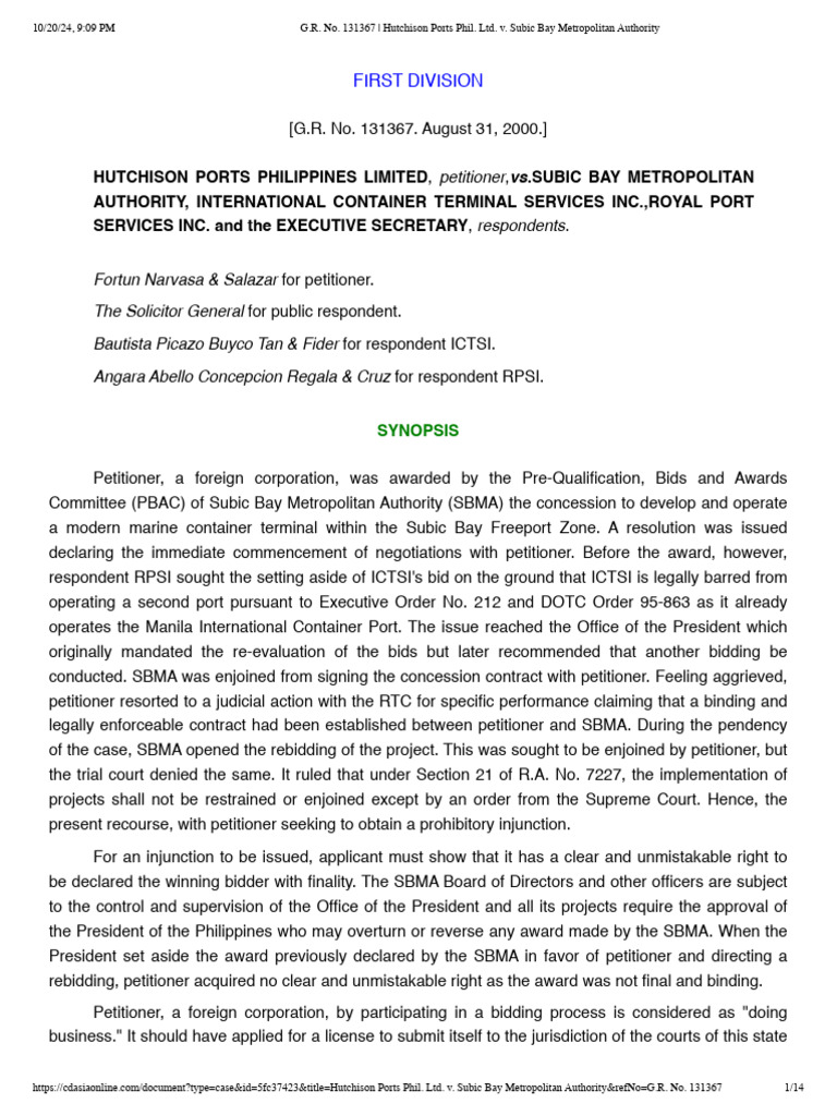 0235 Hutchison Ports v. SBMA (10p) | PDF | Lawsuit | Injunction