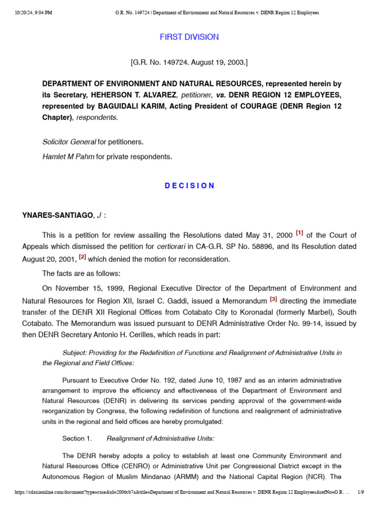 0231 DENR v. DENR Region 12 Employees [7p] | PDF | Presidents Of The ...