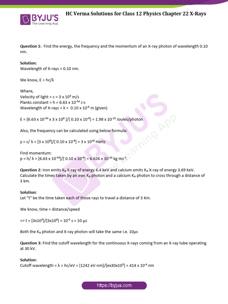 HC Verma Solutions Class 12 Physics Chapter 22 X Rays | PDF | Electronvolt | X Ray