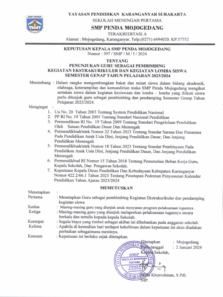 SK TT Pembina Ekstrakurikuler 2024 | PDF