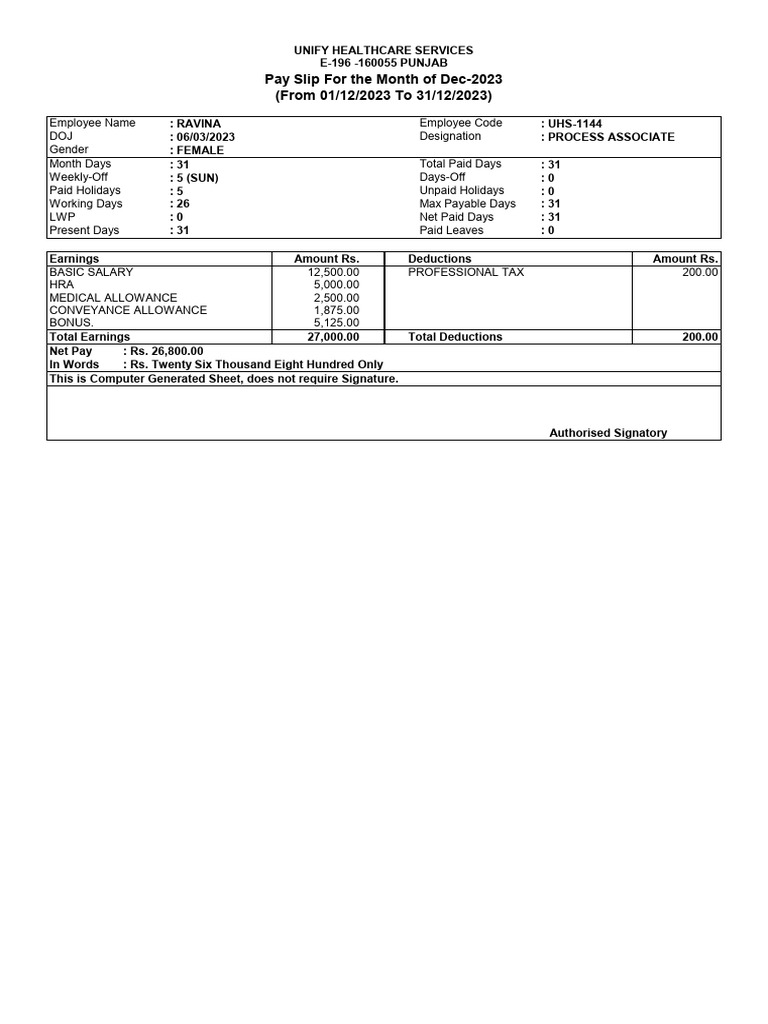 PaySlip-UHS-1144 (RAVINA) DEC 2023 | PDF