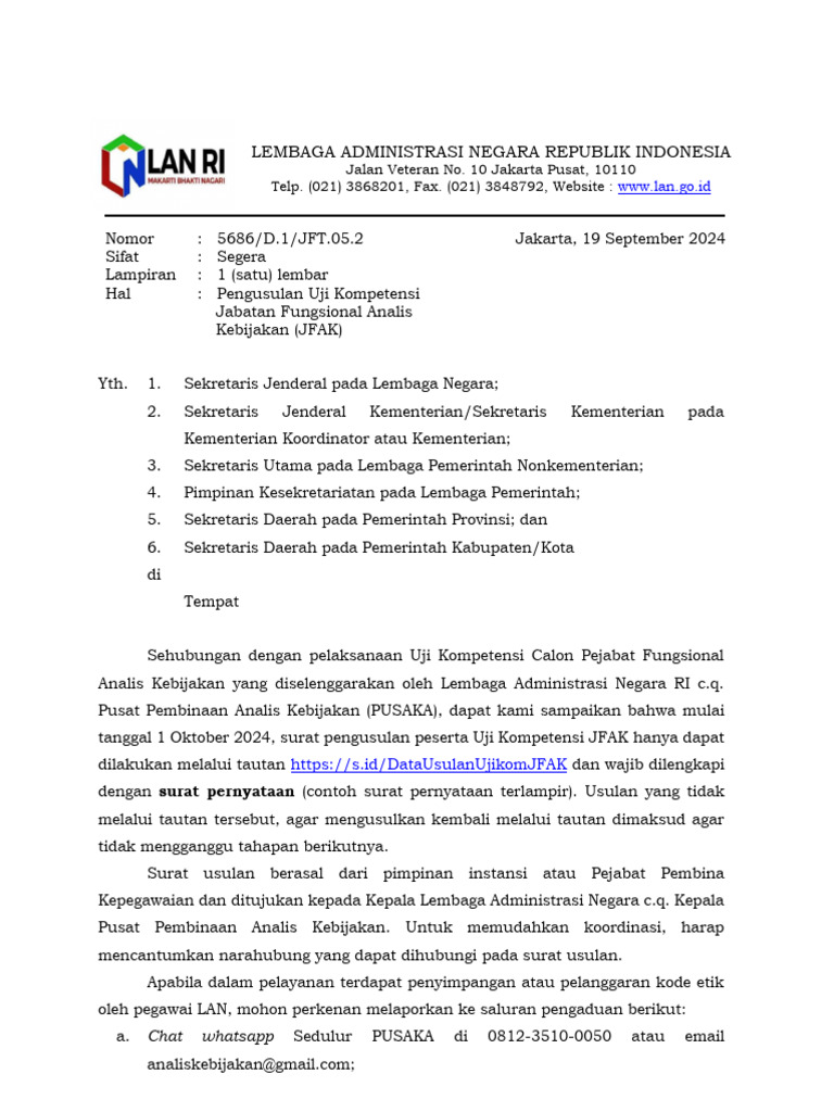 Surat Pengumuman Usulan Ujikom JFAK Sept 2024 DST | PDF