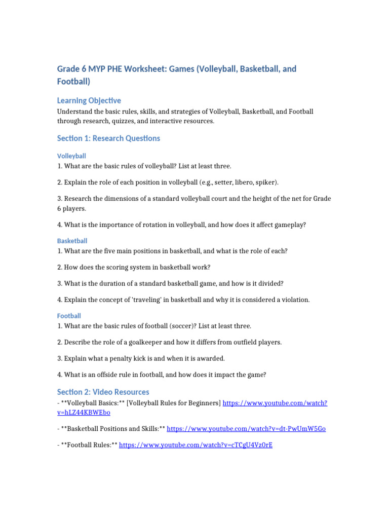 Grade6_MYP_PHE_Worksheet | PDF | Volleyball | Association Football