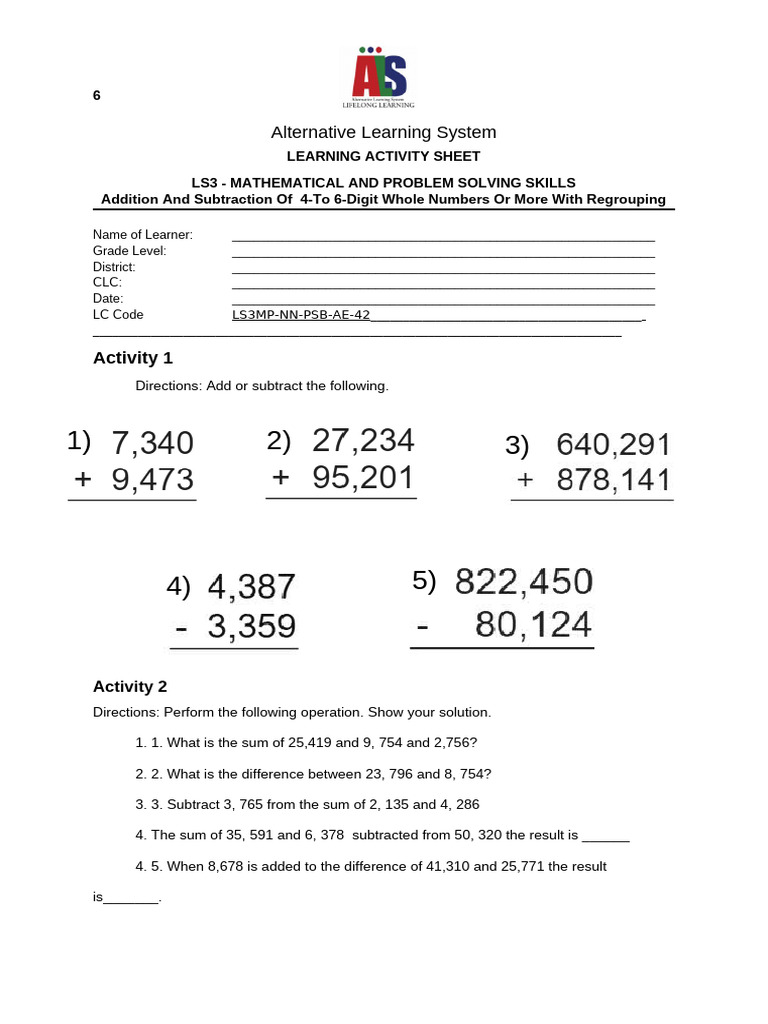 6-Digit Addition and Subtraction Practice | PDF | Behavior Modification ...