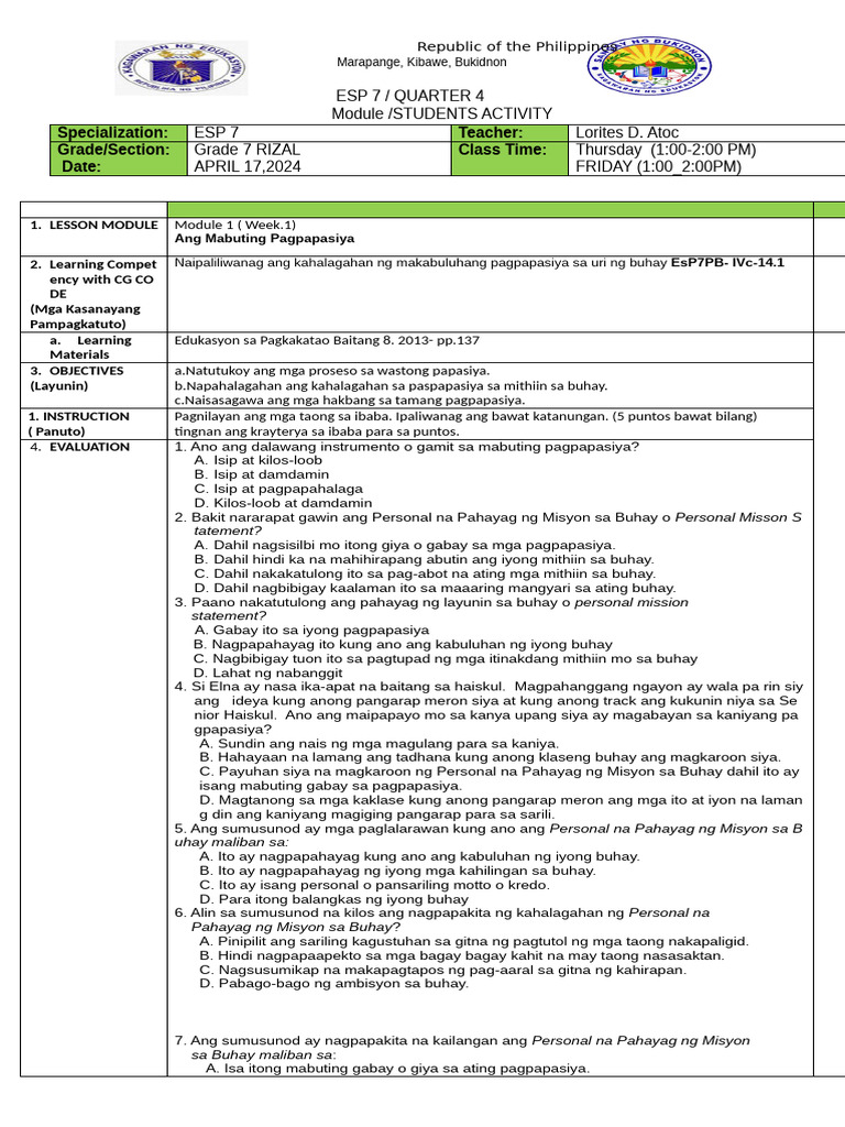 Contextualize module ESP 7 Q4 WK1 | PDF
