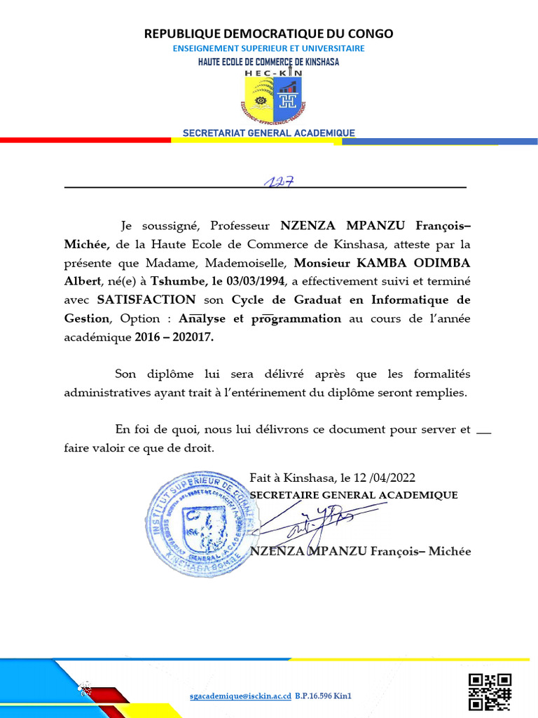 Attestation de Scolarité - Graduat Informatique | PDF