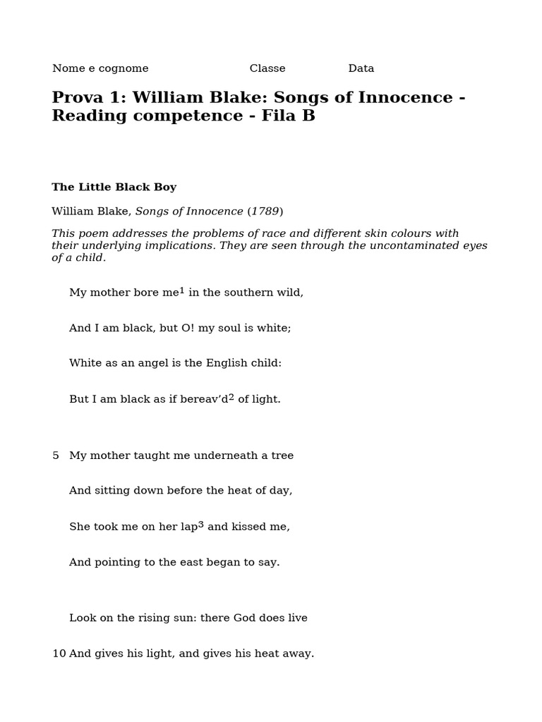 William Blake - Songs of Innocence - Reading Competence - Fila B | PDF ...