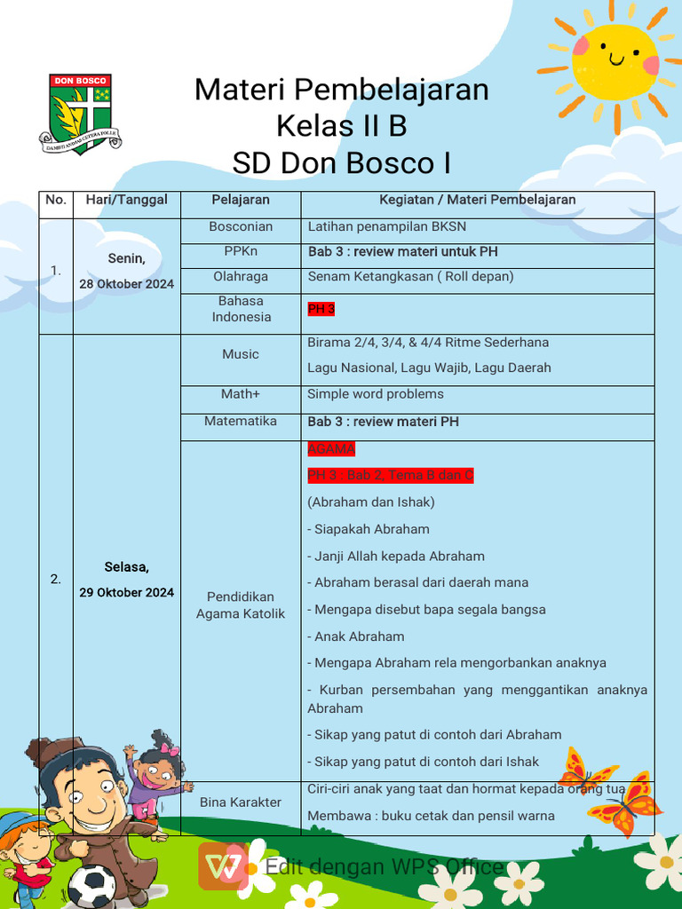 Materi Pelajaran Kelas 2B Senin, 21 Oktober 2024 - Jumat, 25 Oktober ...