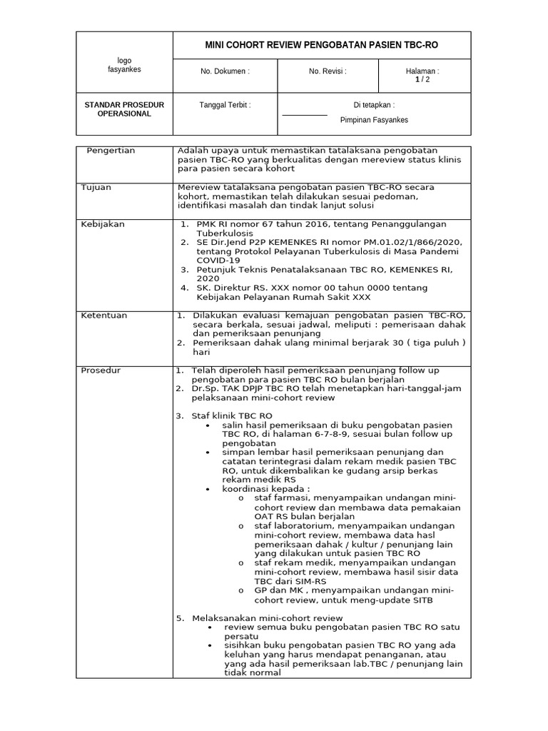 Mini Cohort Review Pengobatan Pasien Tbc-Ro: 1 Standar Prosedur Operasional | PDF