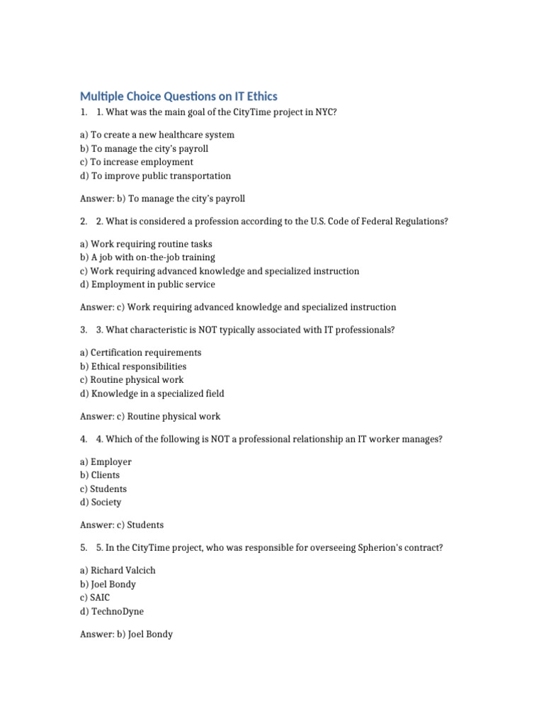 IT Ethics Multiple Choice Questions | PDF | Employment | Non Disclosure ...