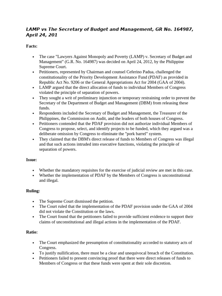 LAMP Vs The Secretary of Budget and Management | PDF | Injunction ...