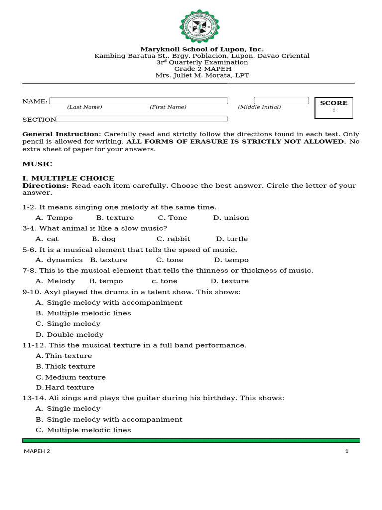 Grade-2 MUSIC 3rd Quarterly Exam | PDF | Performing Arts | Elements Of ...