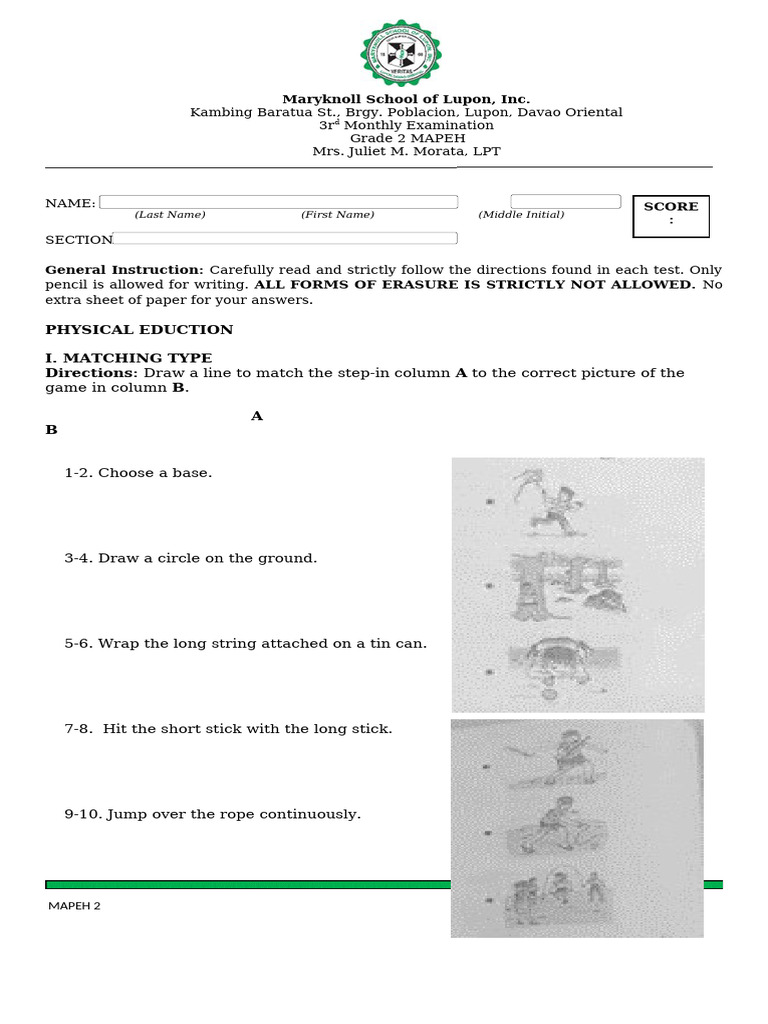 Grade 2 MAPEH 3rd Exam Paper | PDF
