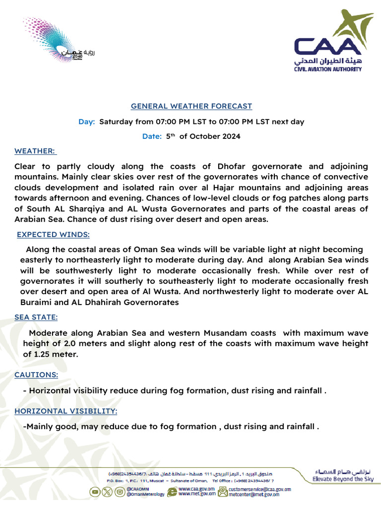 Oman Weather Forecast: Oct 5-7, 2024 | PDF | Rain | Cloud