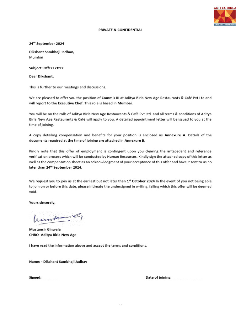 Dikshant Sambhaji Jadhav _ Commis III _ Offer Letter | PDF