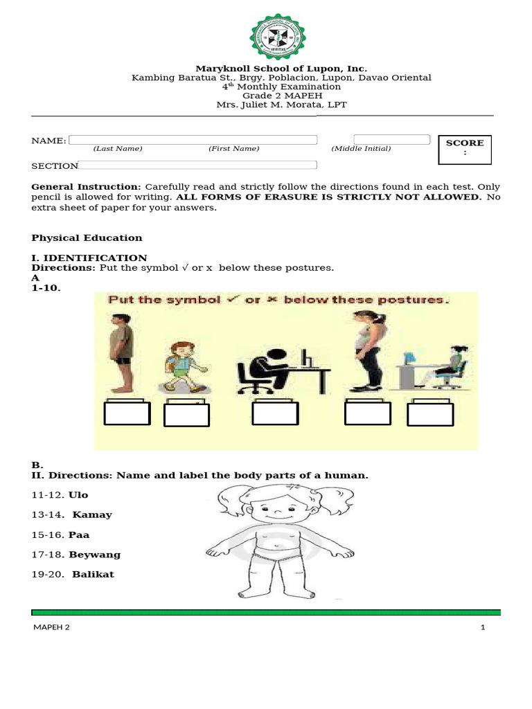 Grade-2 PE 4th Monthly Exam | PDF