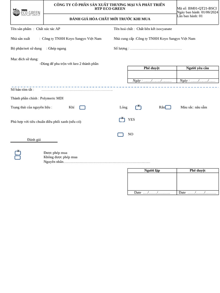 Bm01-Qt21-Phieu Danh Gia Hoa Chat Truoc Khi Mua | PDF