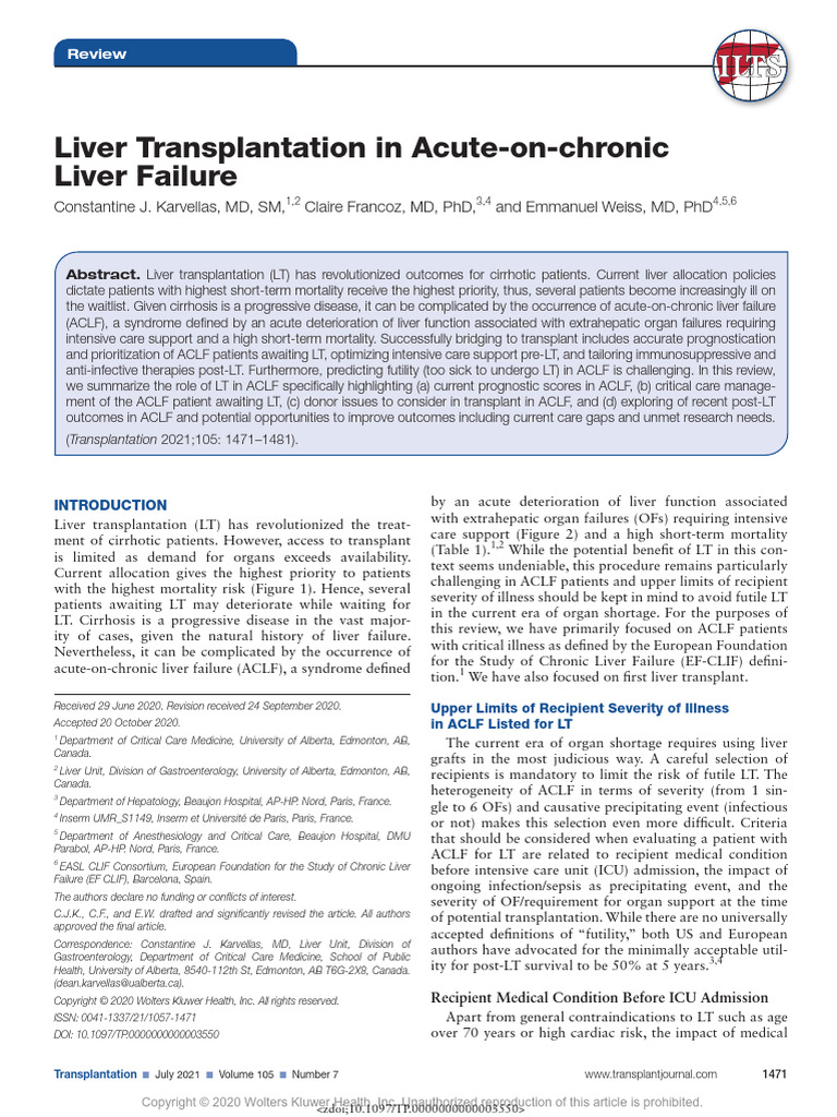 Liver Transplantation in Acute-On-Chronic Liver Failure | PDF | Organ ...
