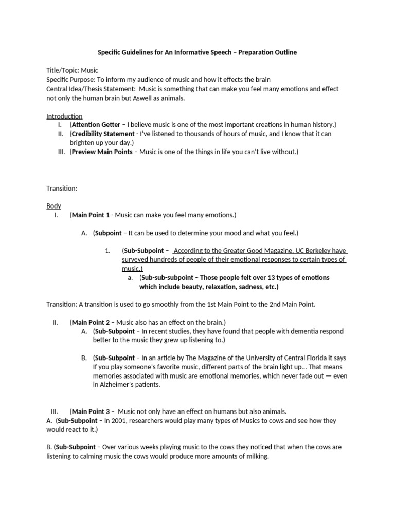 Specific Guidelines For An Informative Speech - Preparation Outline ...