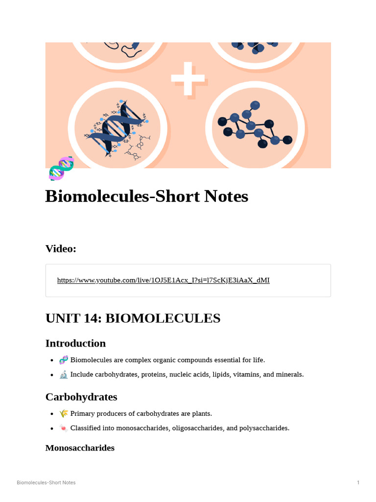 Biomolecules Short Notes 1 | PDF | Carbohydrates | Biomolecules