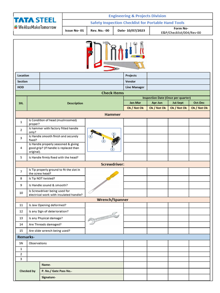 Portable Hand Tools Inspection Checklist Pictorial | PDF