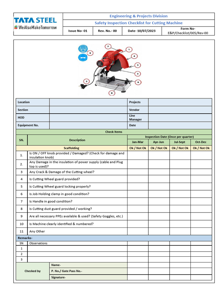 Cutting Machine Inspection Checklist Pictorial | PDF