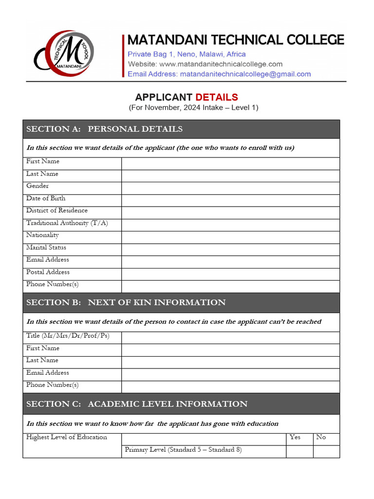 Matandani Technical College Application | PDF