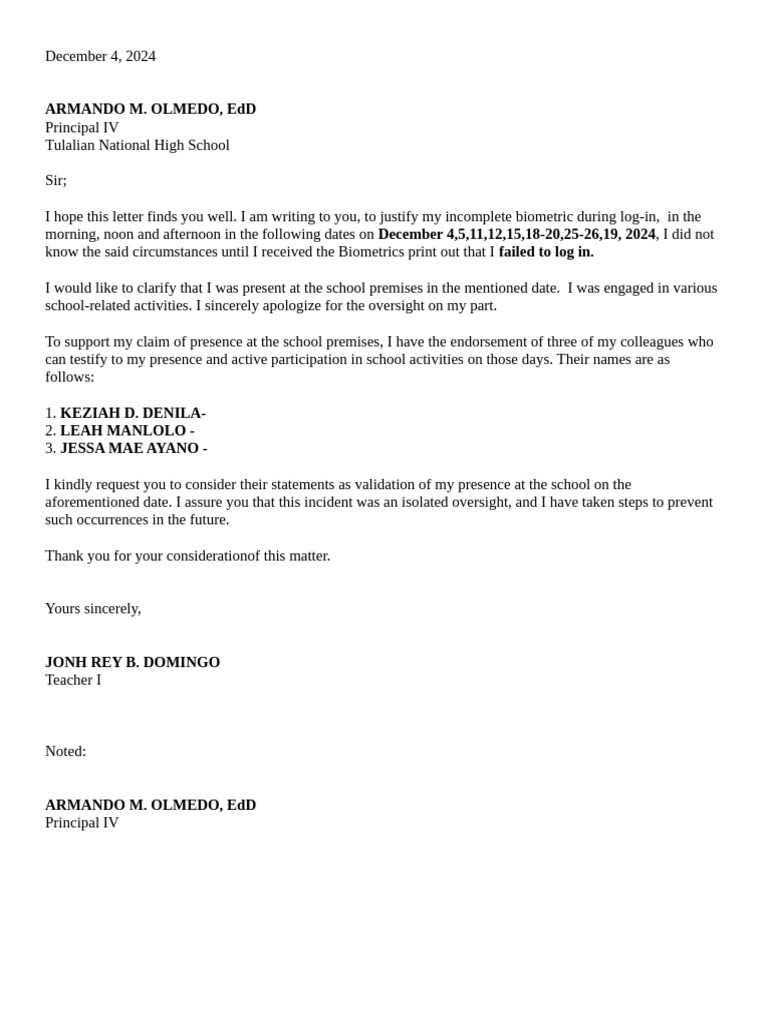 Justification Letter for Biometric Attendance | PDF