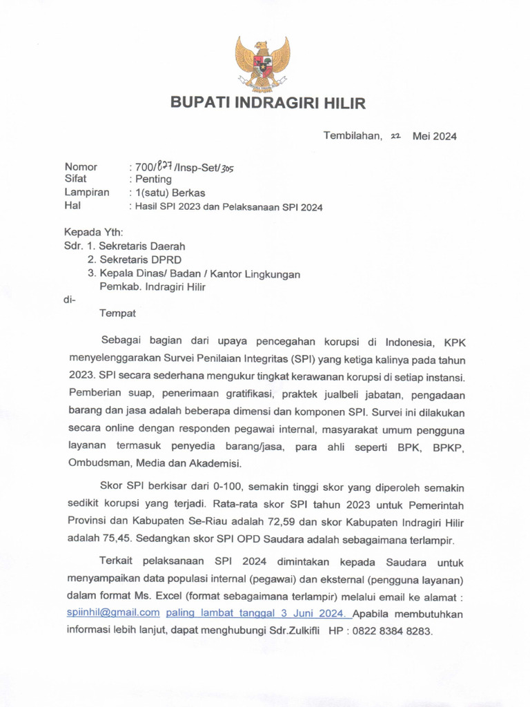 Surat Bupati - Hasil SPI 2023 Dan Pelaksanaan SPI 2024 | PDF