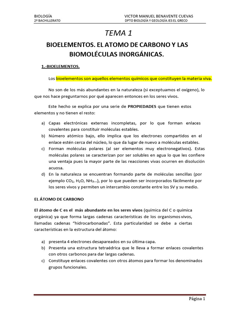 TEMA 1 BIOELEMENTOS Y BIOMOLÉCULAS | PDF | Propiedades del agua | Organismos