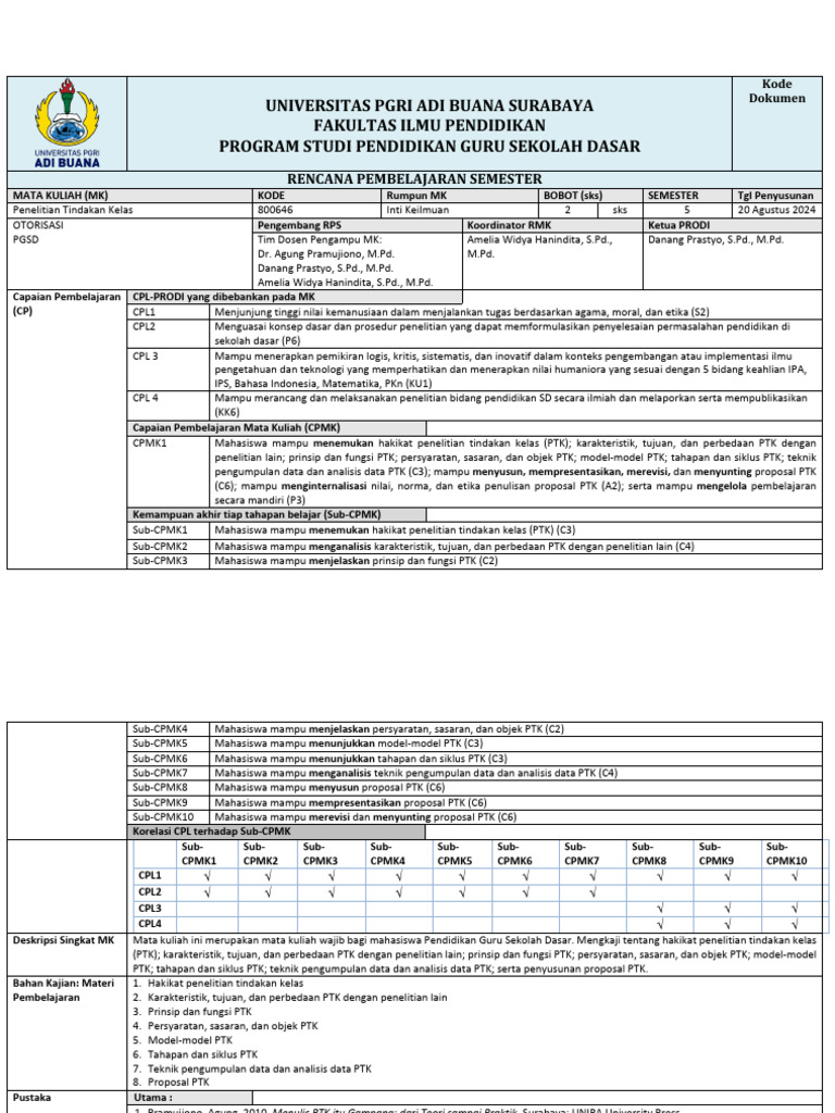 RPS MK PENELITIAN TINDAKAN KELAS | PDF