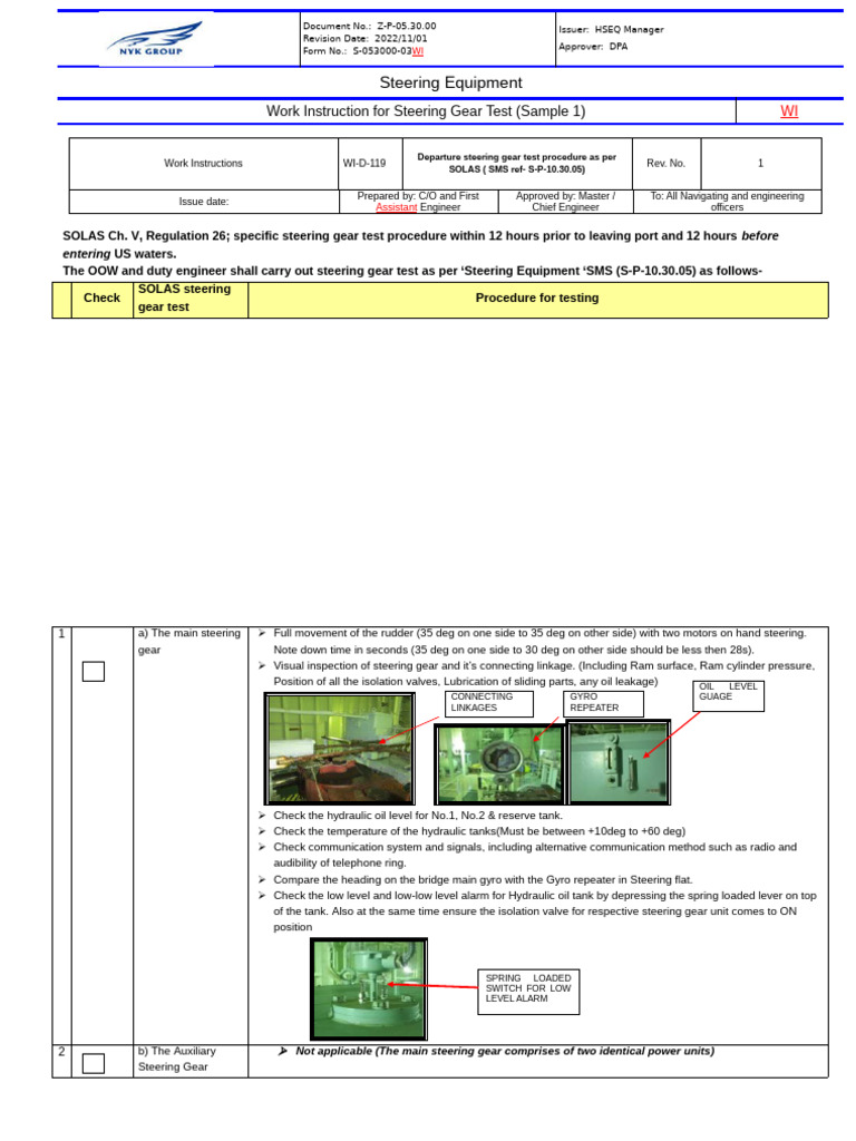 SOLAS Steering Gear Test Procedure | PDF | Steering | Rudder