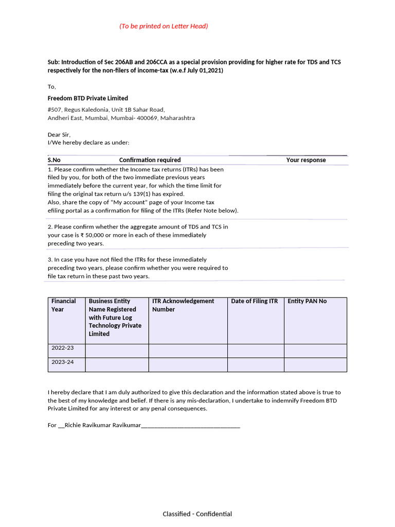 FBTDPL_Declaration Under Sec 206AB and 206CCA of the Income-tax Act-2 | PDF