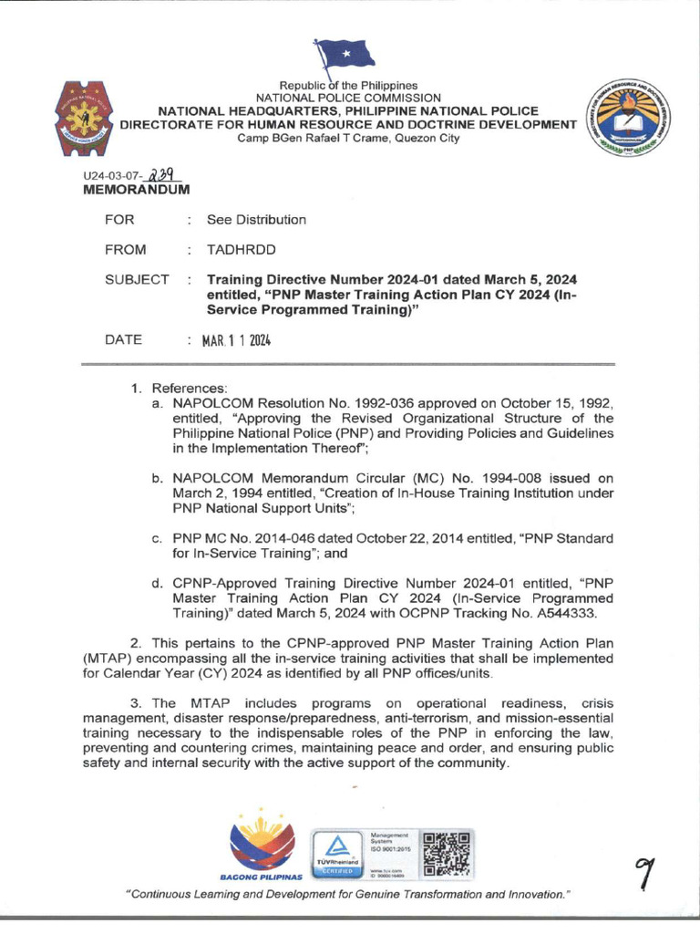 Training Directive No 2024 PNP Mtap Cy 2024 in Service Programmed ...