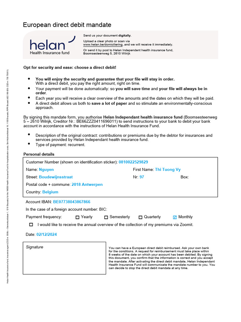 SEPA European Direct Debit Mandate | PDF | Debit Card | Insurance