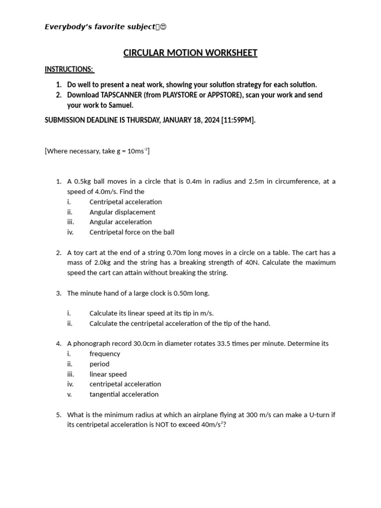 Circular Motion Worksheet | PDF
