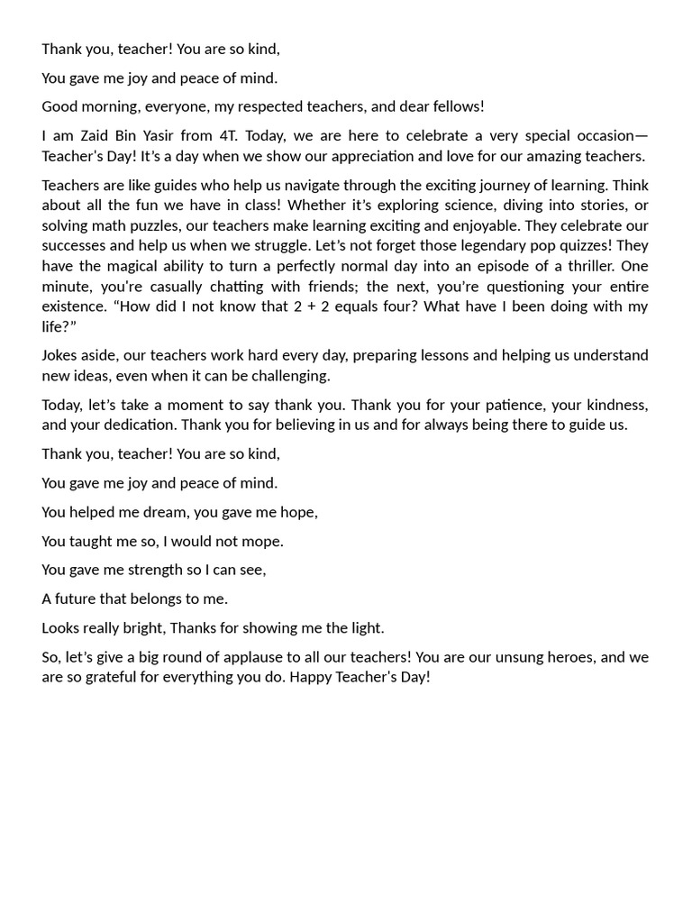 Zaid's Speech On Teachers' Day | PDF
