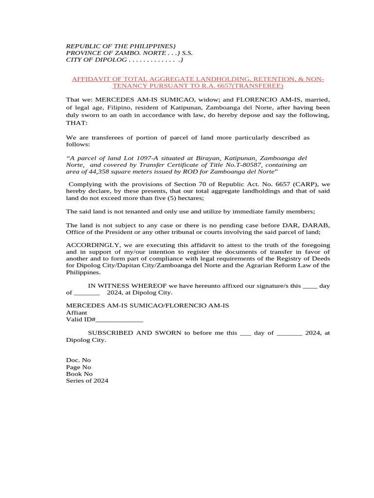 Non Tenancy | PDF | Affidavit | President Of The Philippines