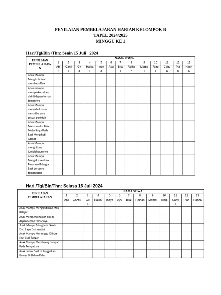 penilaian Harian Kelompok B minggu ke 1 | PDF