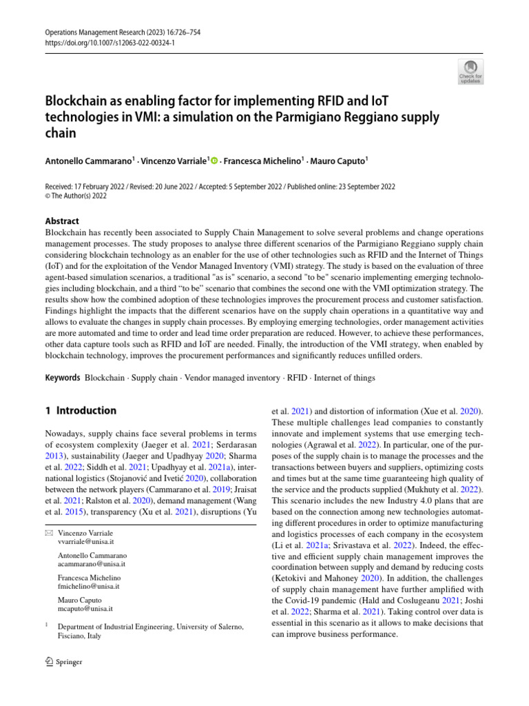 Blockchain As Enabling Factor For Implementing Rfid and Iot Technologies in Vmi: A Simulation On ...