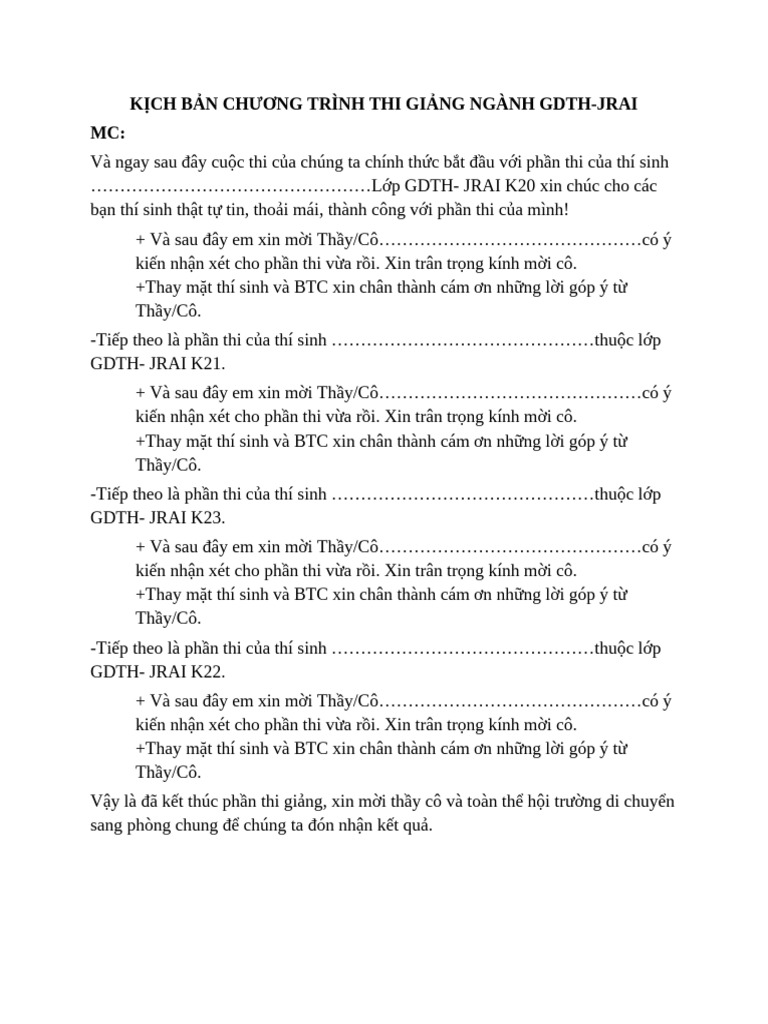 KỊCH BẢN CHƯƠNG TRÌNH THI GIẢNG NGÀNH GDTH JRAI | PDF