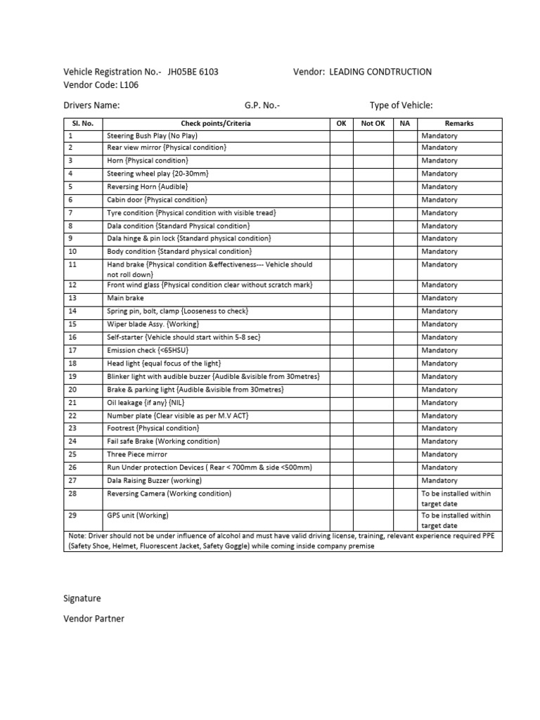 Vehicle Check-list | PDF | Vehicles | Automotive Technologies