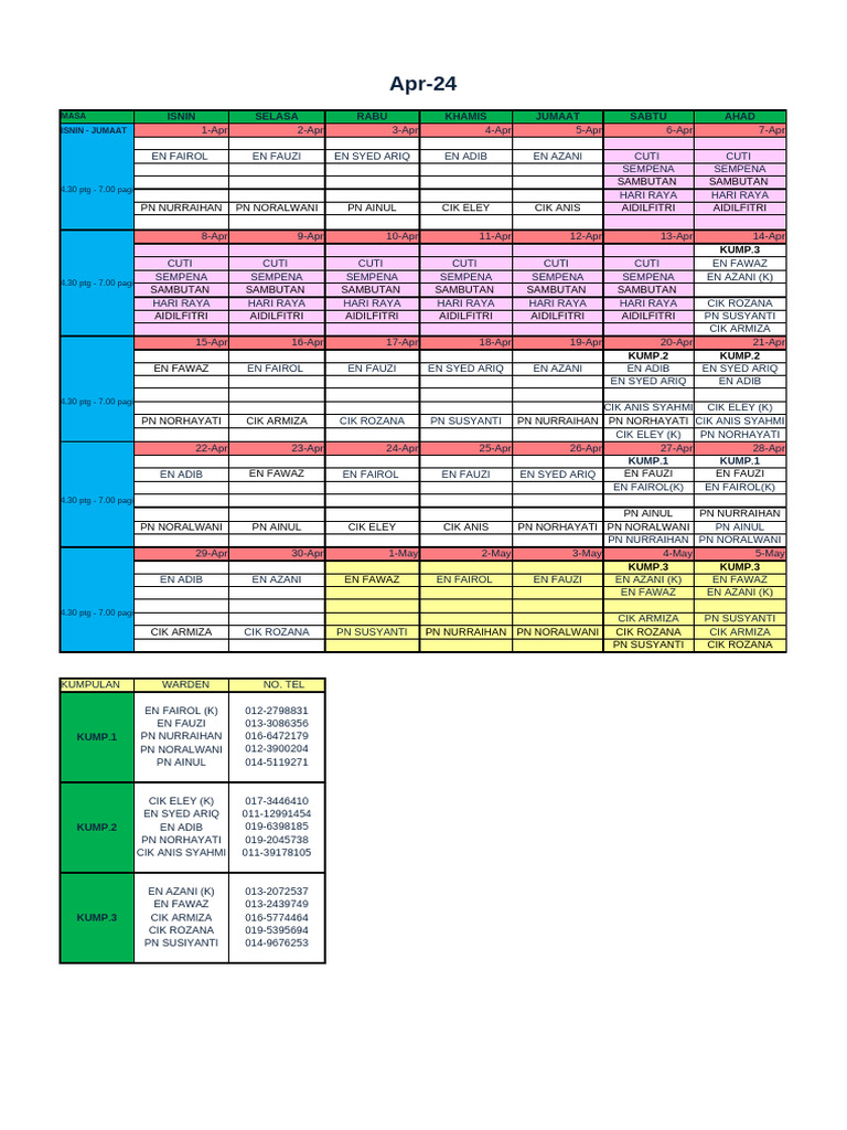 Jadual Bertugas Warden April 2024 Terkini | PDF