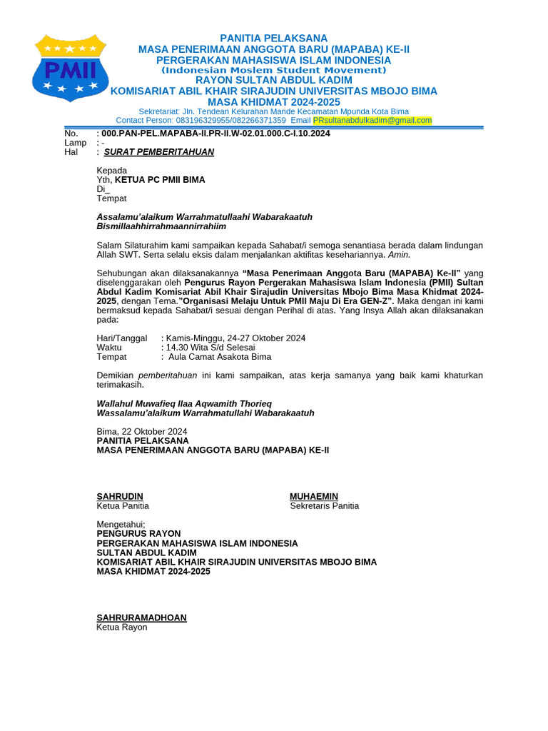 Surat Pemberitahuan PC Pmii Bima | PDF