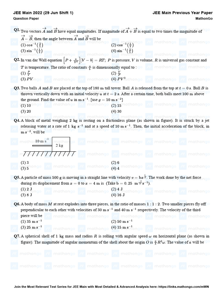 JEE Main 2022 (29 Jun Shift 1) Previous Year Paper With Answer Keys ...