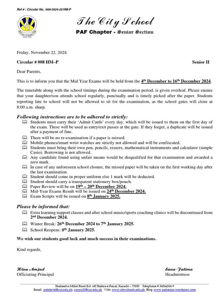 Circular # 008 (Mid Year Exam 24) - SR - II | PDF